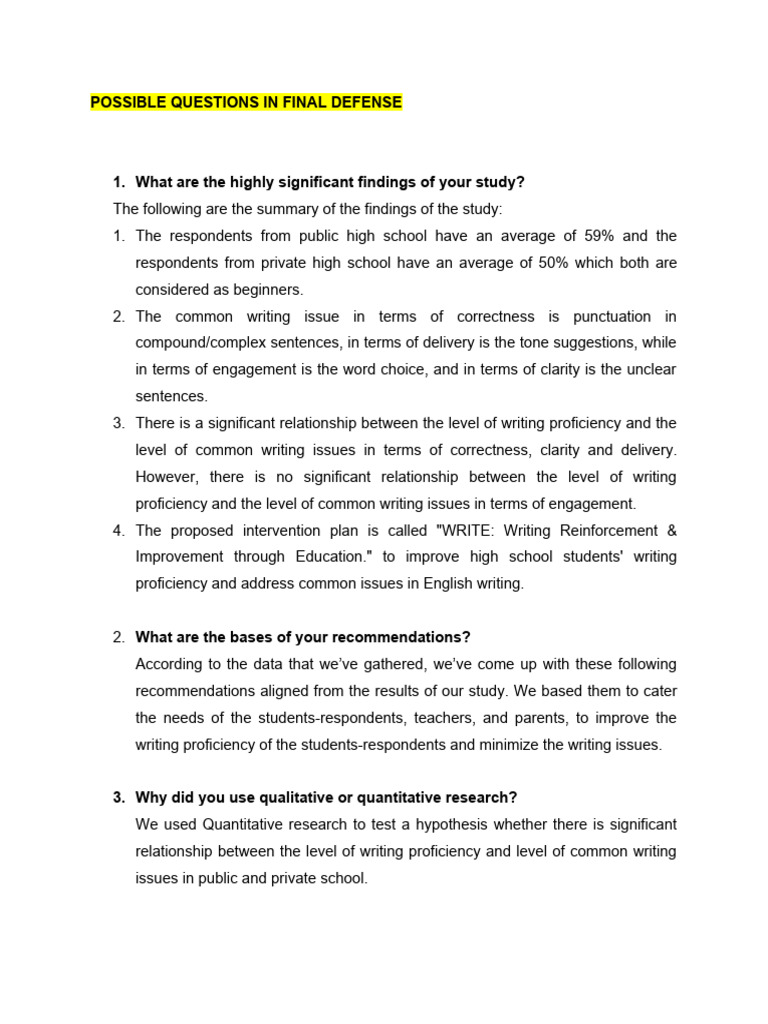 Possible Questions in Final Defense | Download Free PDF | Statistics | Quantitative Research