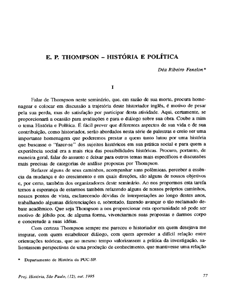Vista Do E.P. THOMPSON - HISTÓRIA E POLÍTICA | PDF