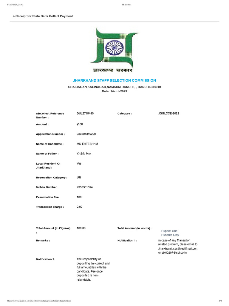 Jharkhand SSC Payment e-Receipt | PDF | Transaction Account | Banking ...