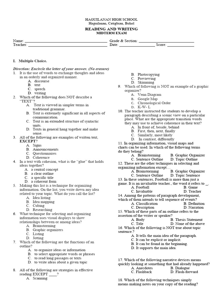 Reading & Writing Midterm Exam | PDF | Information | Paragraph