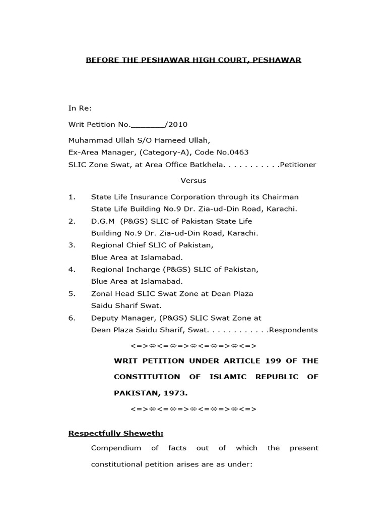 Writ Petition Under Article 199 of Constitution of Pakistan 1973 ...