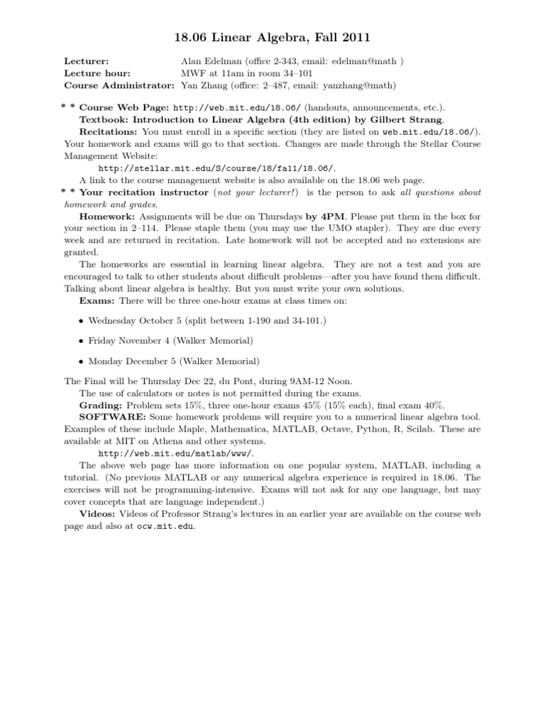 Linear Algebra MIT Syllabus | PDF | Matrix (Mathematics) | Operator Theory