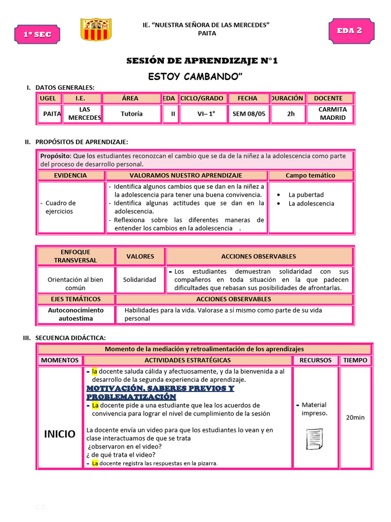 1° y 2° SESIÓN DE APRENDIZAJE SESIÓN1-SEM.1-EXP.1 | PDF | Aprendizaje | Ciencia cognitiva