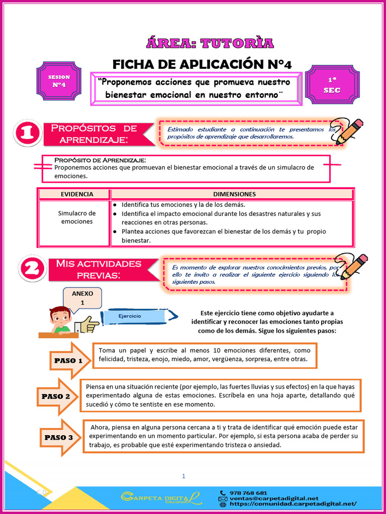 1° y 2° FICHA DE APLICACIÓN SESIÓN4-SEM.4-EXP | PDF | Las emociones | Ciencias del comportamiento