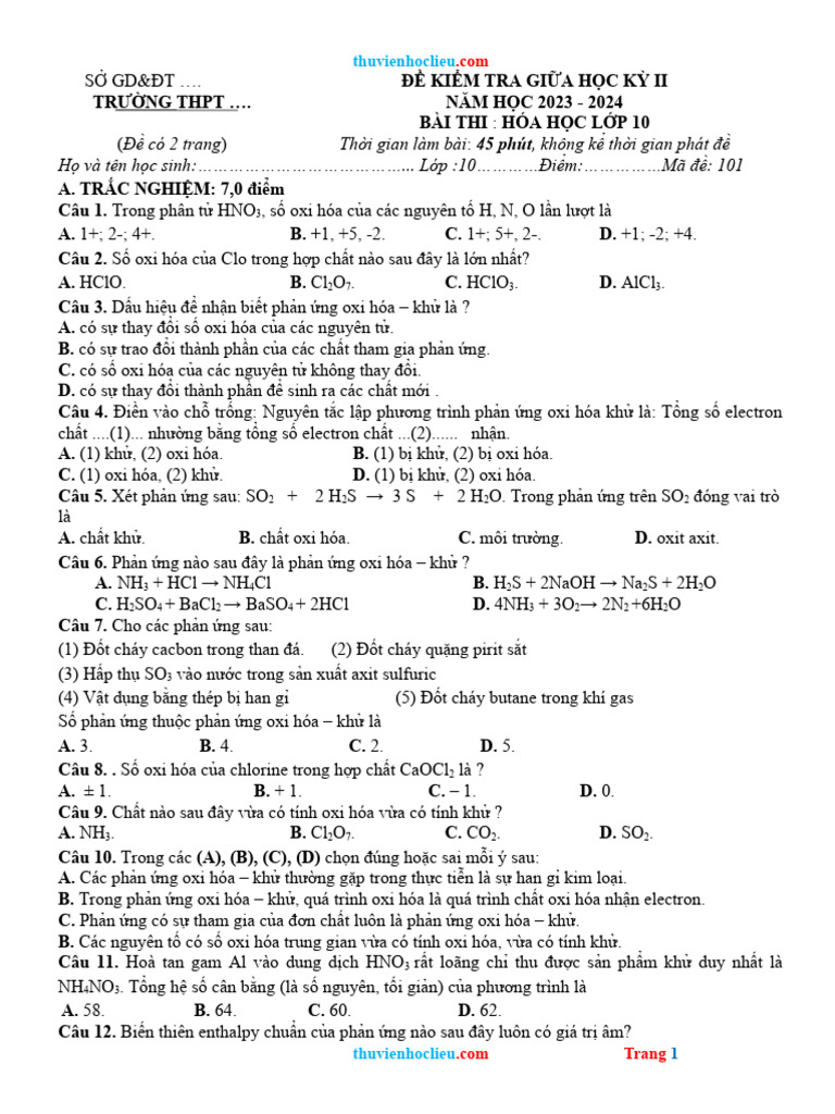 De Kiem Tra Giua HK2 Hoa 10 KNTT 23 24 | PDF