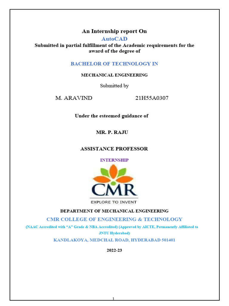 An Internship Report On: M. Aravind 21H55A0307 | PDF | Computer Aided ...