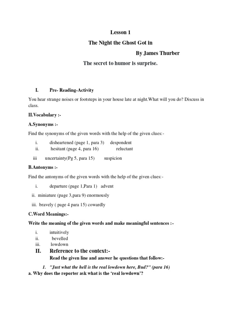 Resource 20240413004510 Lesson 1, The Night The Ghost Got in | PDF