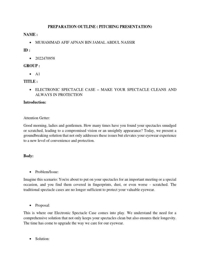 Preparation Outline (Pitching Presentation) | PDF | Glasses
