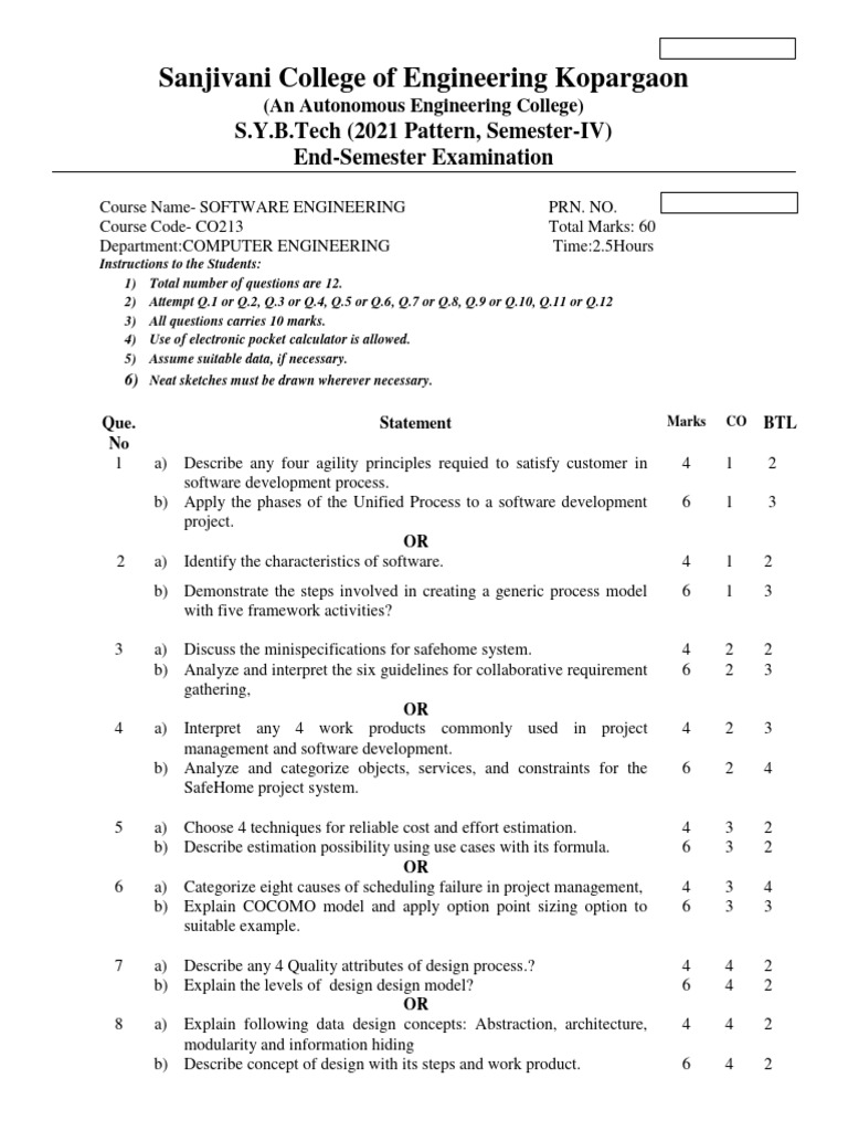 Software Engineering-Question Paper | PDF | Software Testing | Software