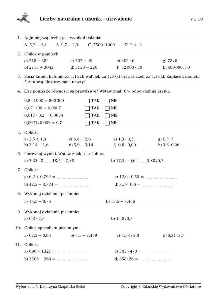 Liczby Naturalne I Ułamki Kl6 - Utrwalenie | PDF