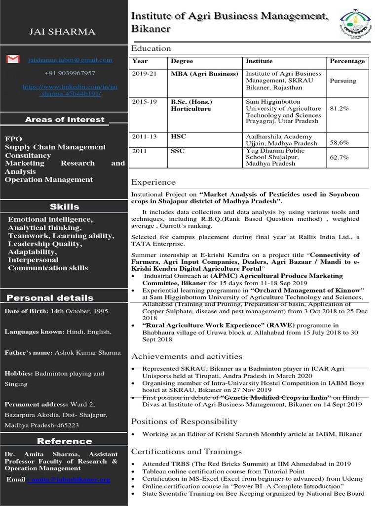 Jai-Resume | PDF | Agriculture