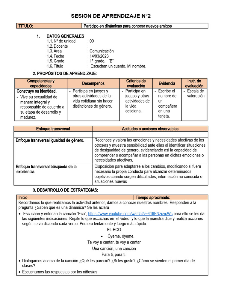 Sesion de Aprendizaje n 2 | PDF | Aprendizaje | Evaluación