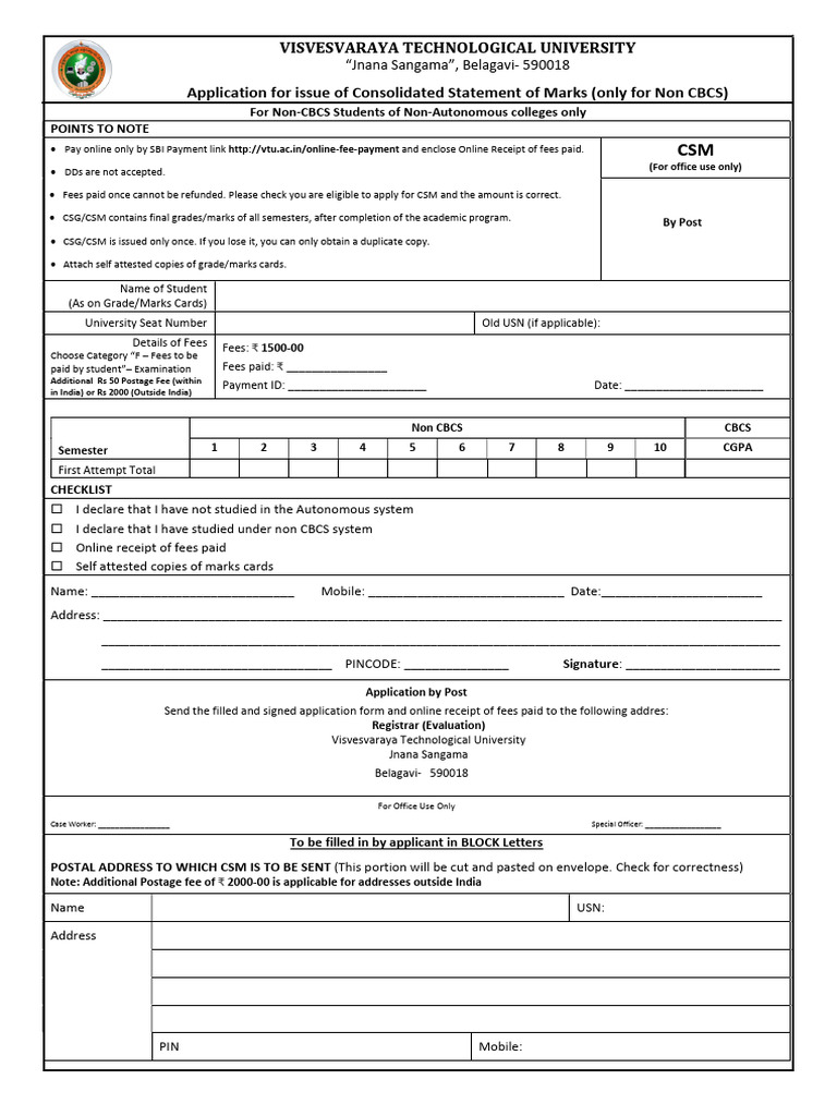 Visvesvaraya Technological University Application For Issue of ...