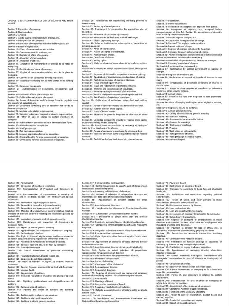 Company Law Sections Sheet | PDF | Audit | Securities (Finance)