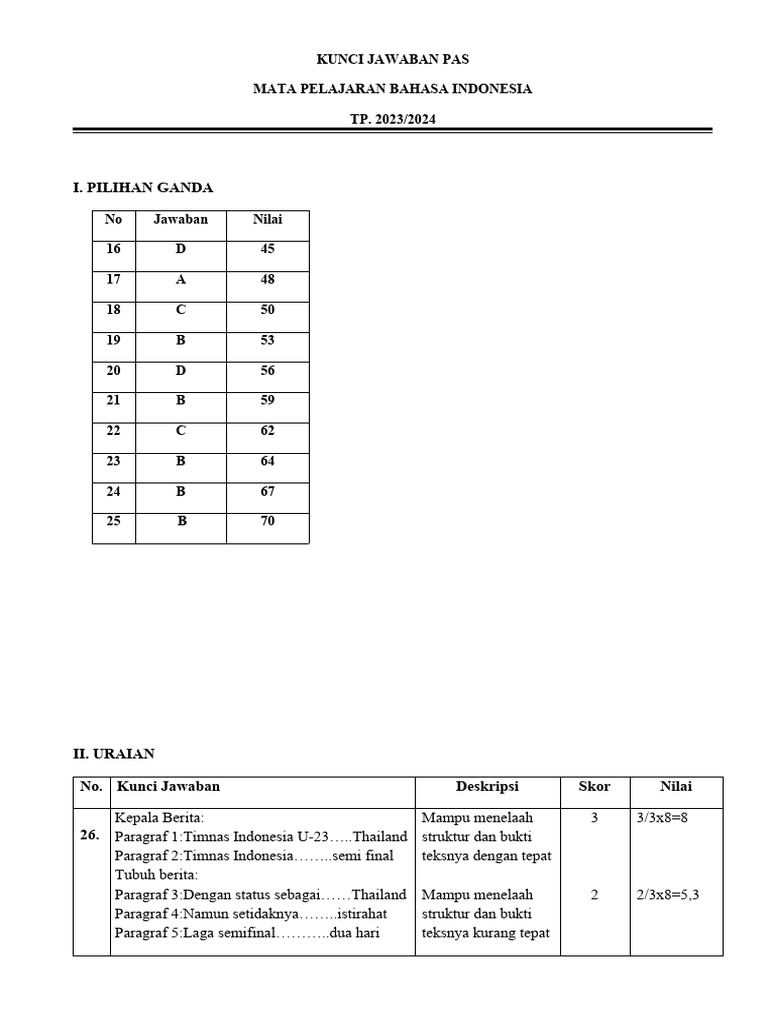 KUNCI JAWABAN PAS BINDO KELAS 8 SMP Ganjil | PDF