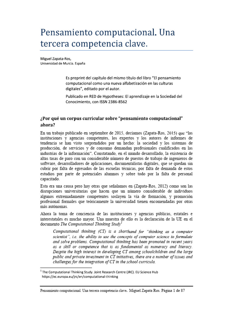 Pensamiento Computacional Una Tercera Competencia Clave ZapataRos | PDF | Pensamiento | Creatividad