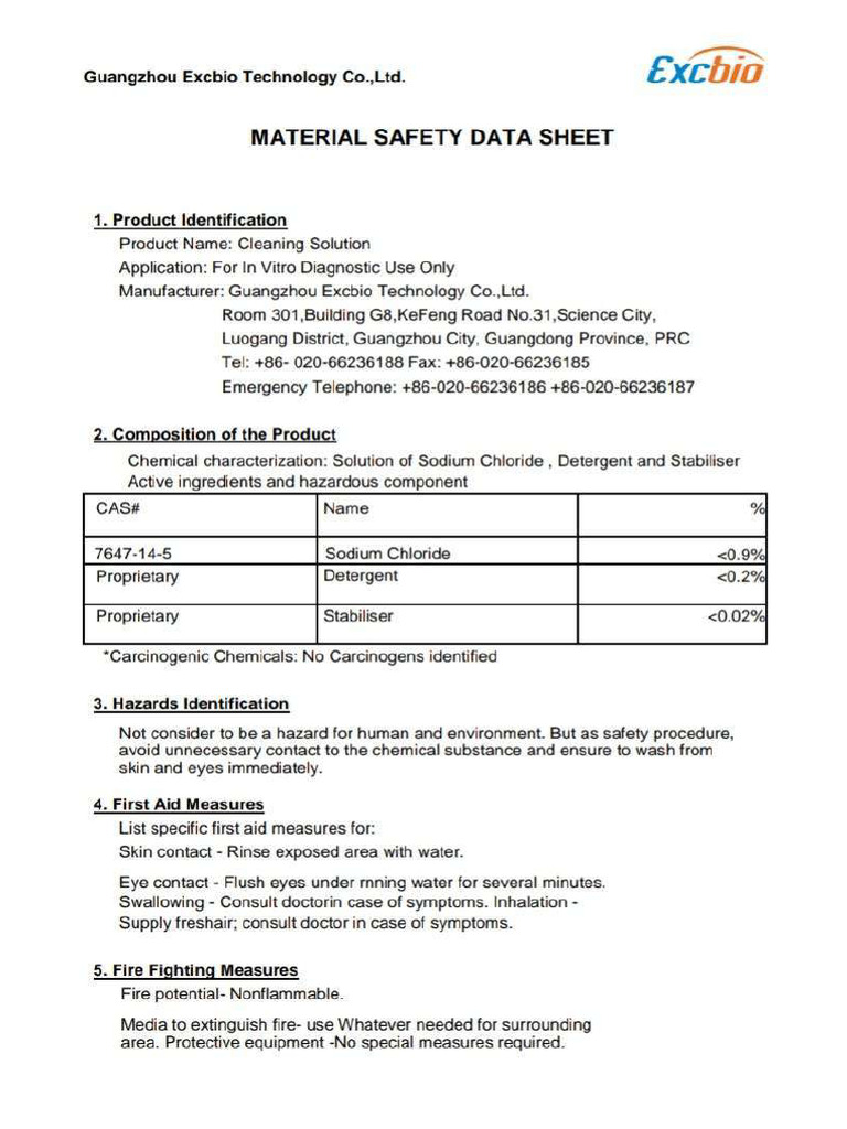 Cleaning Solution EXCBIO MSDS | PDF
