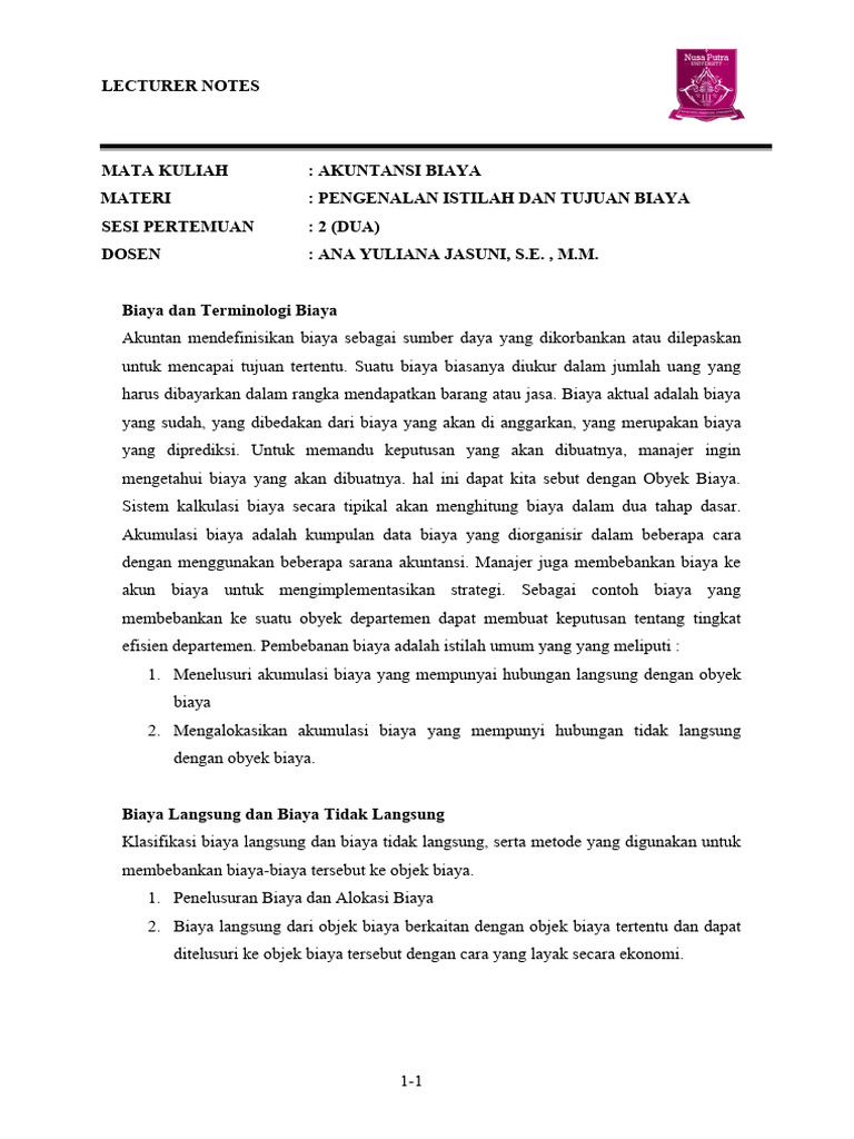 2 Pengenalan Istilah Dan Tujuan Biaya (Part 1) - Lecture Note | PDF