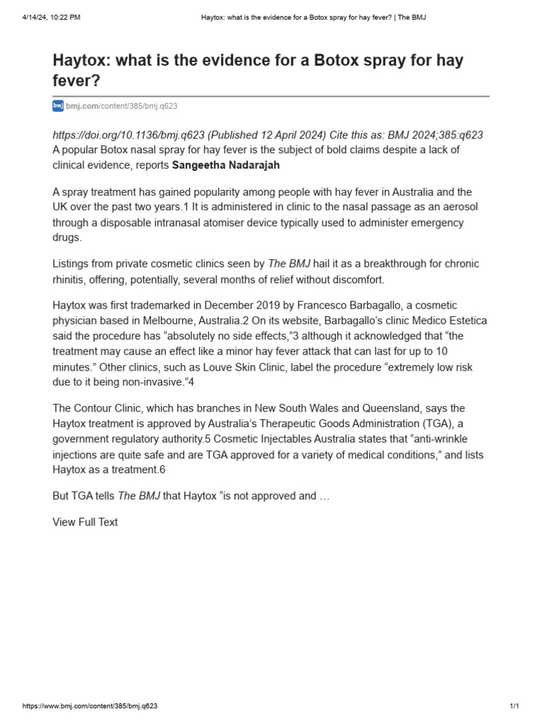 Haytox What Is The Evidence For A Botox Spray For Hay Fever | PDF