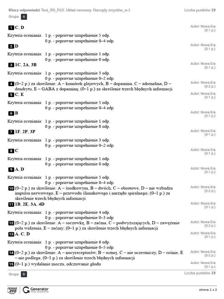 Test - R9 - R10. Układ Nerwowy. Narządy Zmysłów - w.1 Klucz Odpowiedzi ...