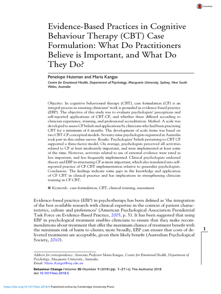Evidence Based Practices in Cognitive Behaviour Therapy CBT Case Formulation What Do ...