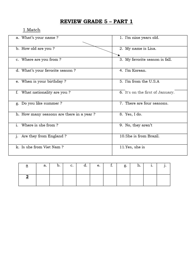 Review Grade 5 - Part 1: 1.match | PDF