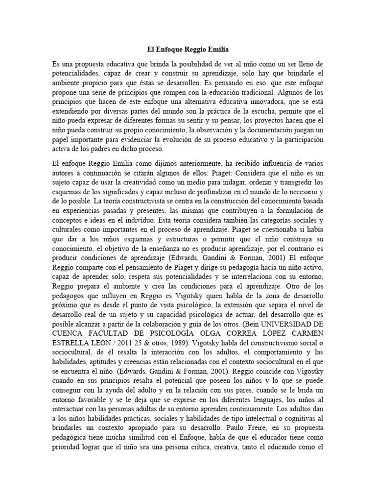 El Enfoque Reggio Emilia | Descargar gratis PDF | Aprendizaje | Sicología