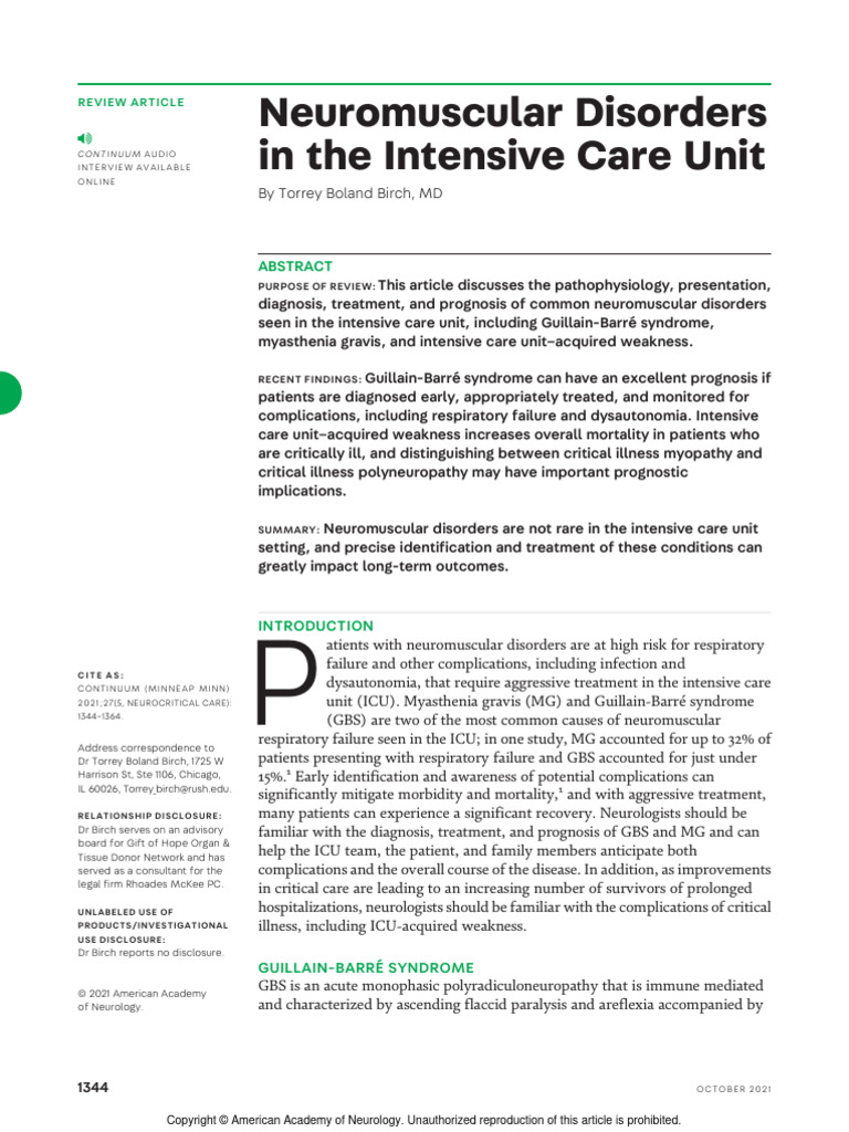 2021 - Neuromuscular Disorders in The Intensive Care Unit | PDF | Medicine | Medical Specialties