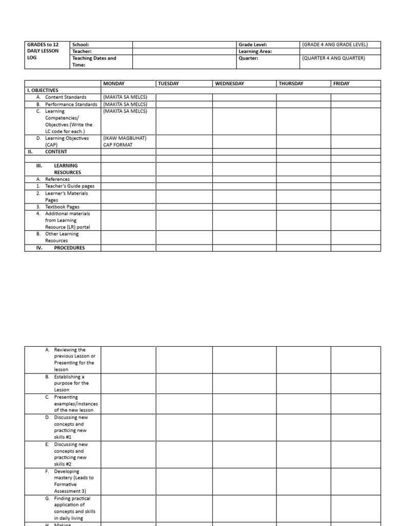 Grade 4 Daily Lesson Log Template | PDF | Learning | Behavior Modification