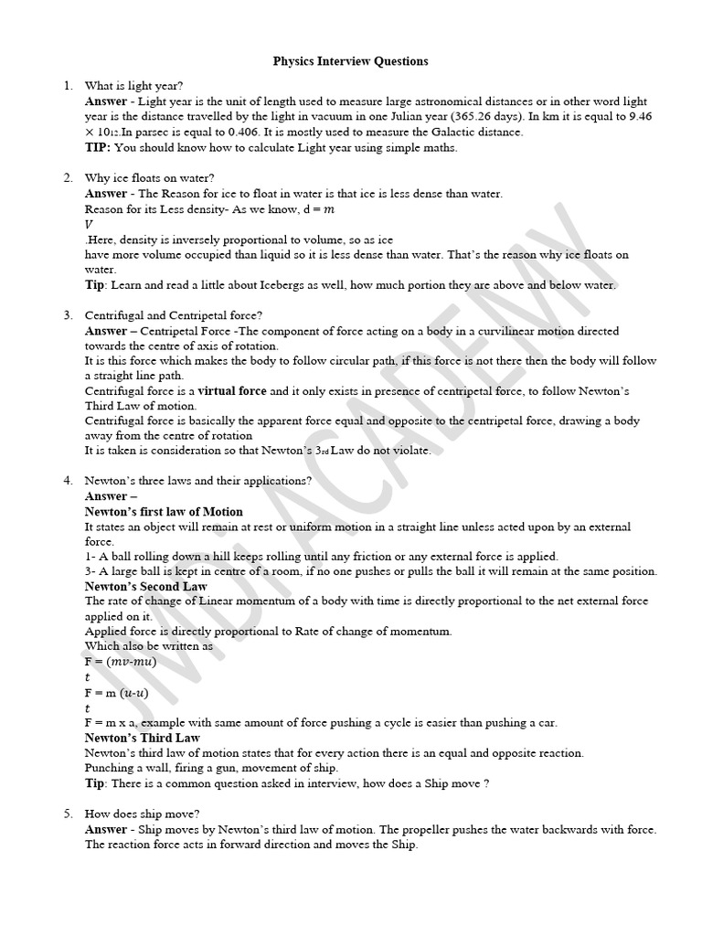 Physics Interview Questions Segregated-1 | PDF | Force | Buoyancy