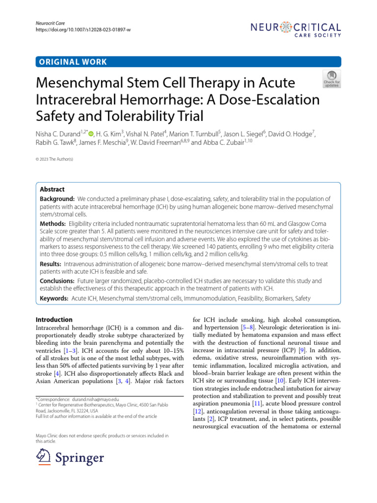 2023 - Mesenchymal Stem Cell Therapy in Acute Intracerebral Hemorrhage - A Dose-Escalation ...