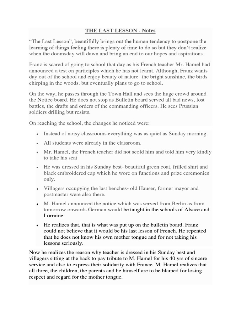 Class 12th, The Last Lesson Notes. | PDF
