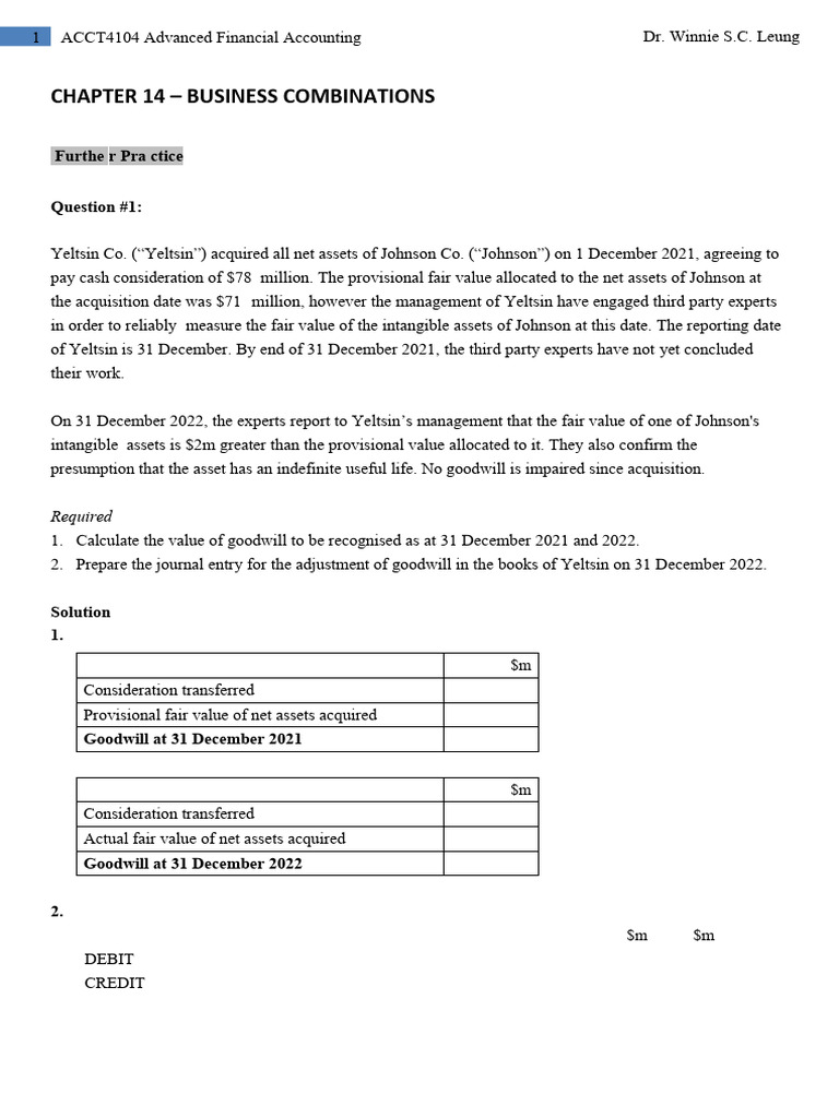 Chapter 14 Further Practice (Student Copy) | PDF | Goodwill (Accounting) | Debits And Credits