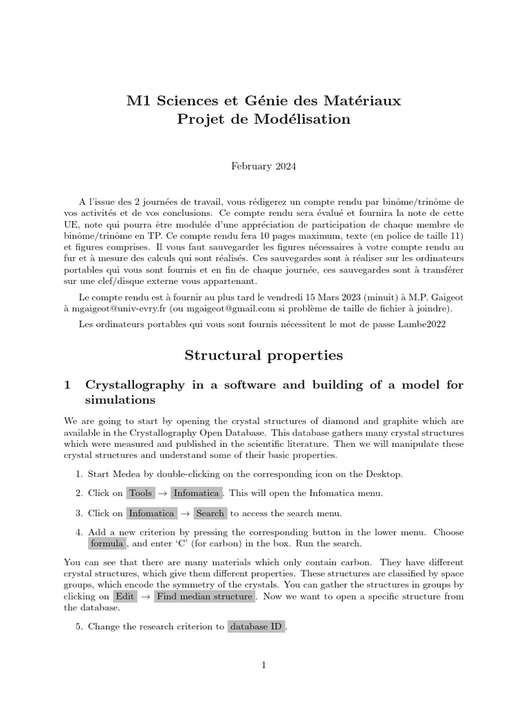 M1 Sciences Et Génie Des Matériaux TP Modélisation | PDF | Density Functional Theory | Crystal ...
