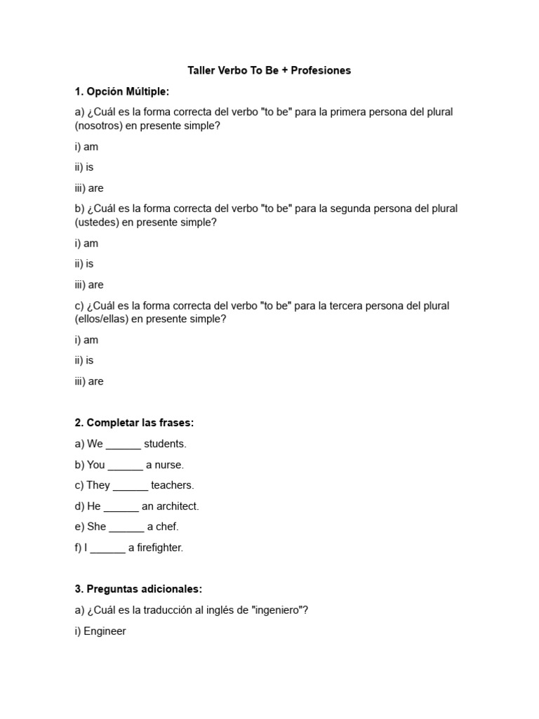 Taller Verbo To Be Profesiones | PDF