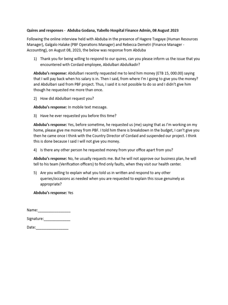 Abduba Godana Interview Responses | PDF