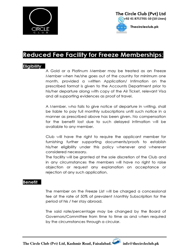 Freeze Membership Benefits at Circle Club | PDF | Fee