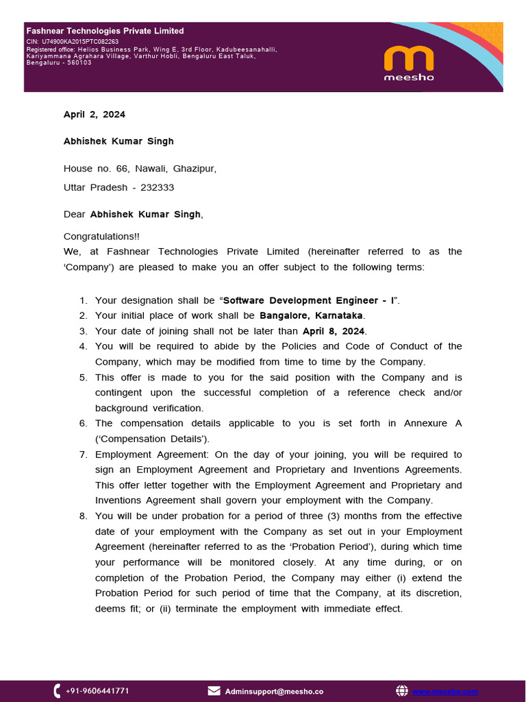 Abhishek Kumar Singh Meesho Offer Letter FTE | PDF | Vesting | Option ...