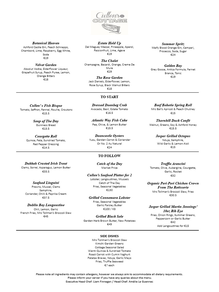 Cullens at The Cottage Dinner Menu | PDF | Coleslaw | French Fries