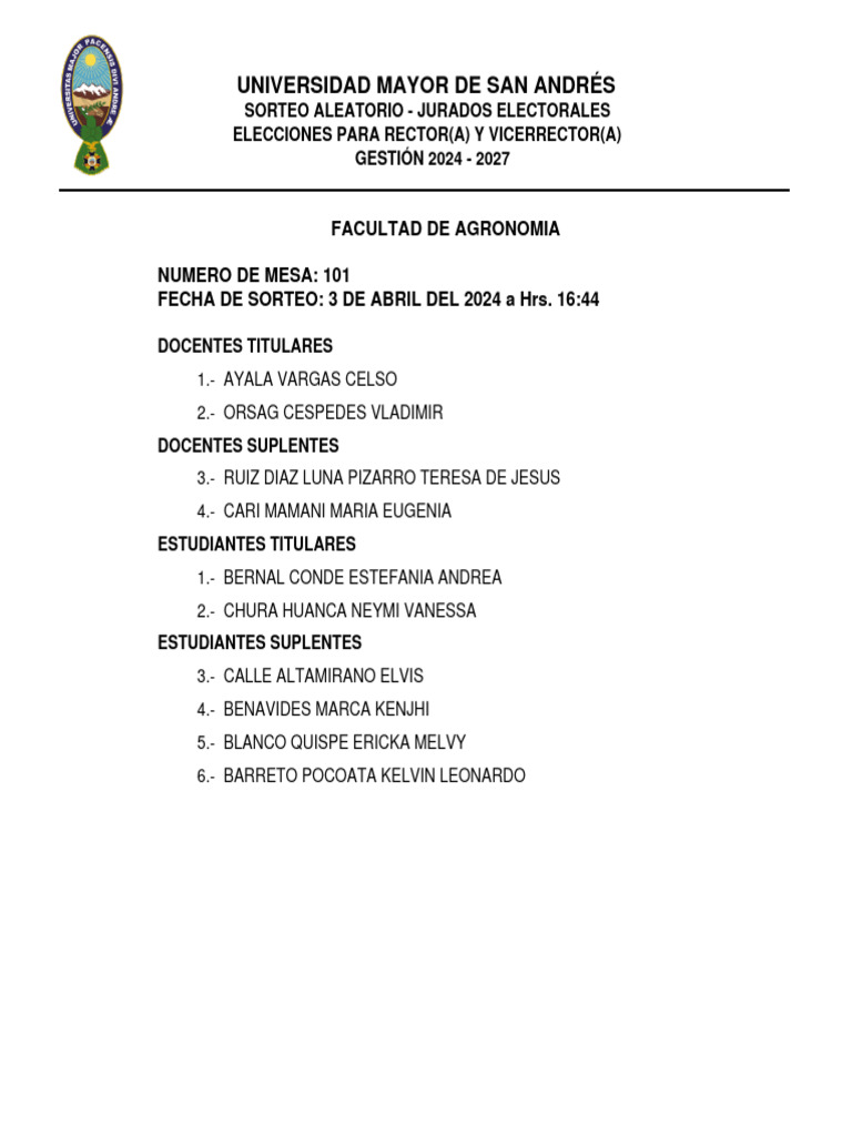 Mesa 101 - Jurados Electorales Facultad de Agronomia | PDF | Gobierno Mesa 101 - Jurados Electorales Facultad de Agronomia | PDF | Gobierno