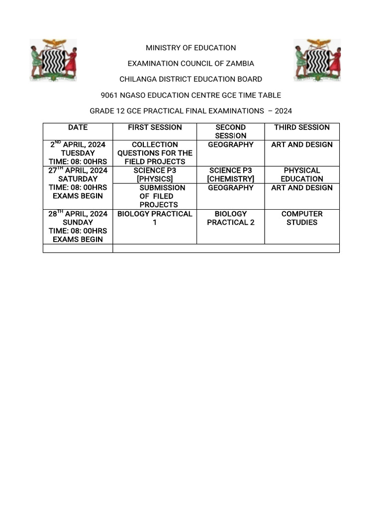 GCE Time Table Final exams Practical -2024(2) | PDF