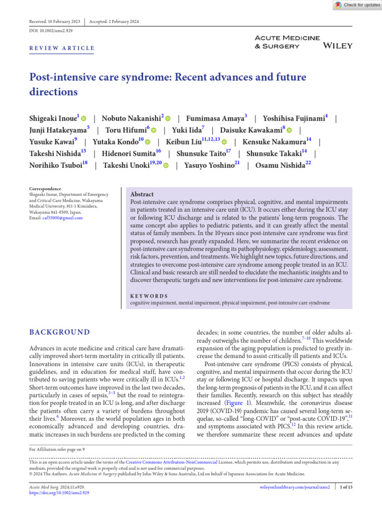 Acute Medicine Surgery - 2024 - Inoue - Post‐intensive care syndrome Recent advances and future ...