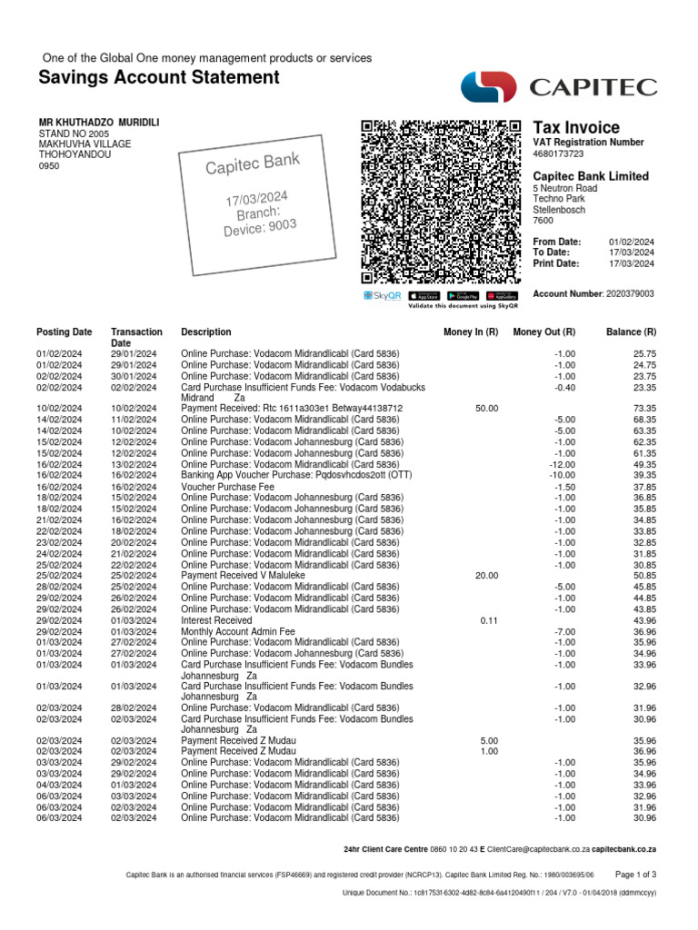 Capitec Bank Savings Statement 2024 | PDF | Voucher | Fee