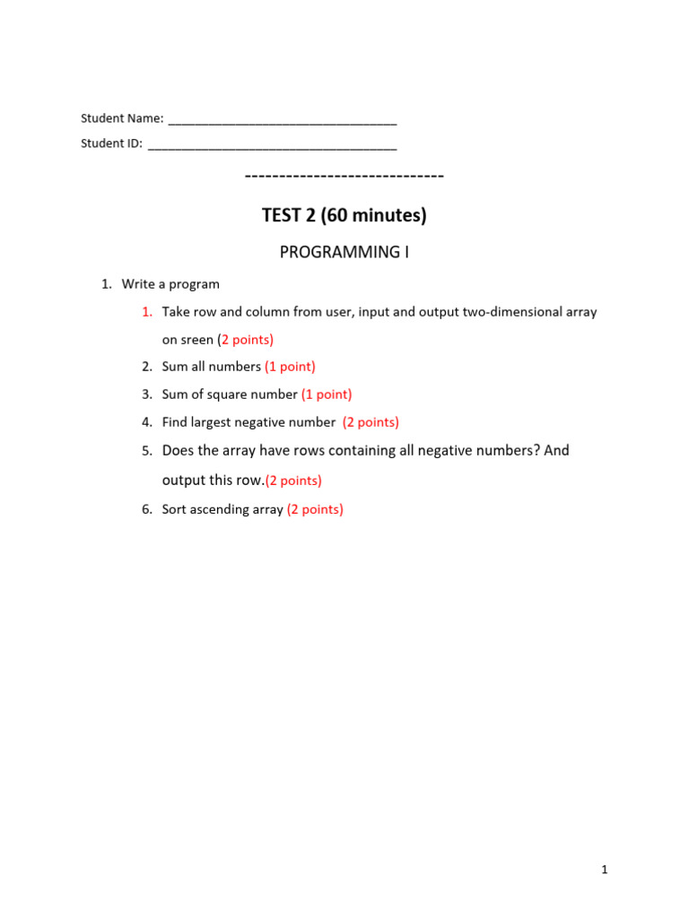 Programming I Test 2 Tasks | PDF