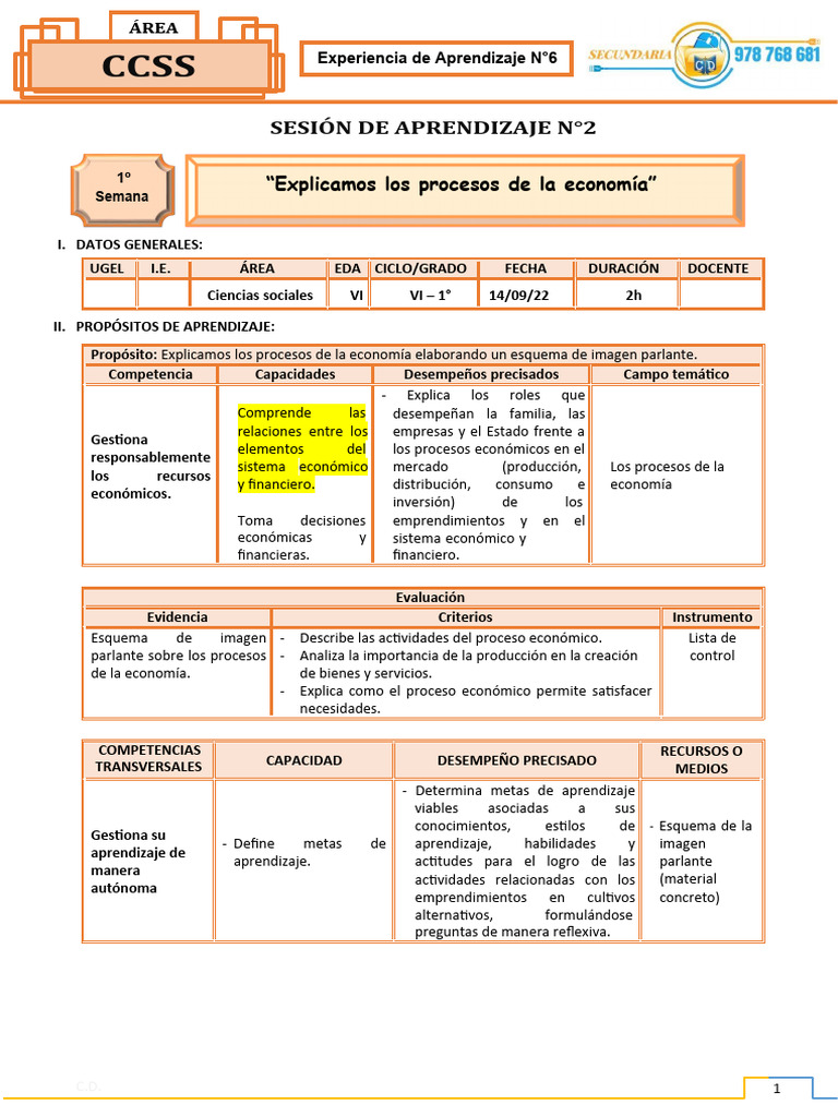 1° SESIÓN DE APRENDIZAJE 2 -SEM.1-EXP.6-CCSS | PDF | Aprendizaje | Sistema económico