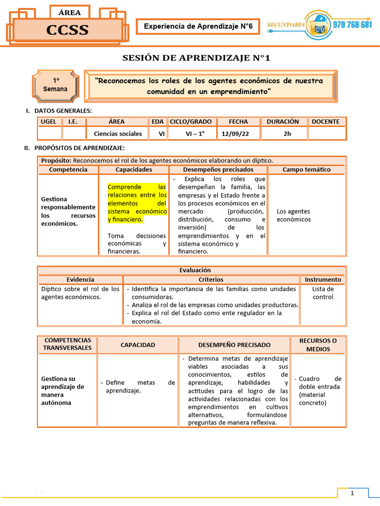 1° SESIÓN DE APRENDIZAJE1-SEM.1-EXP.6-CCSS | PDF | Aprendizaje | Sistema económico