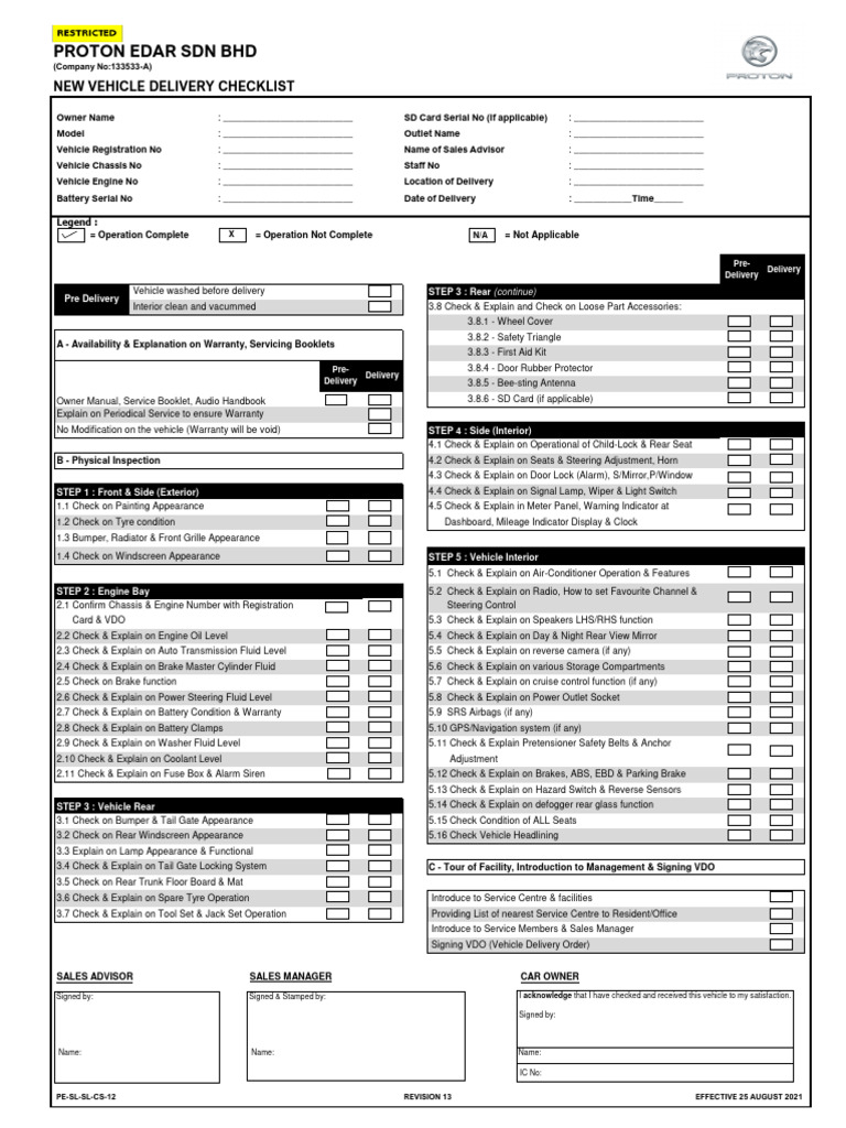 6.new Vehicle Delivery Checklist Rev - 13 | PDF | Vehicles | Seat Belt