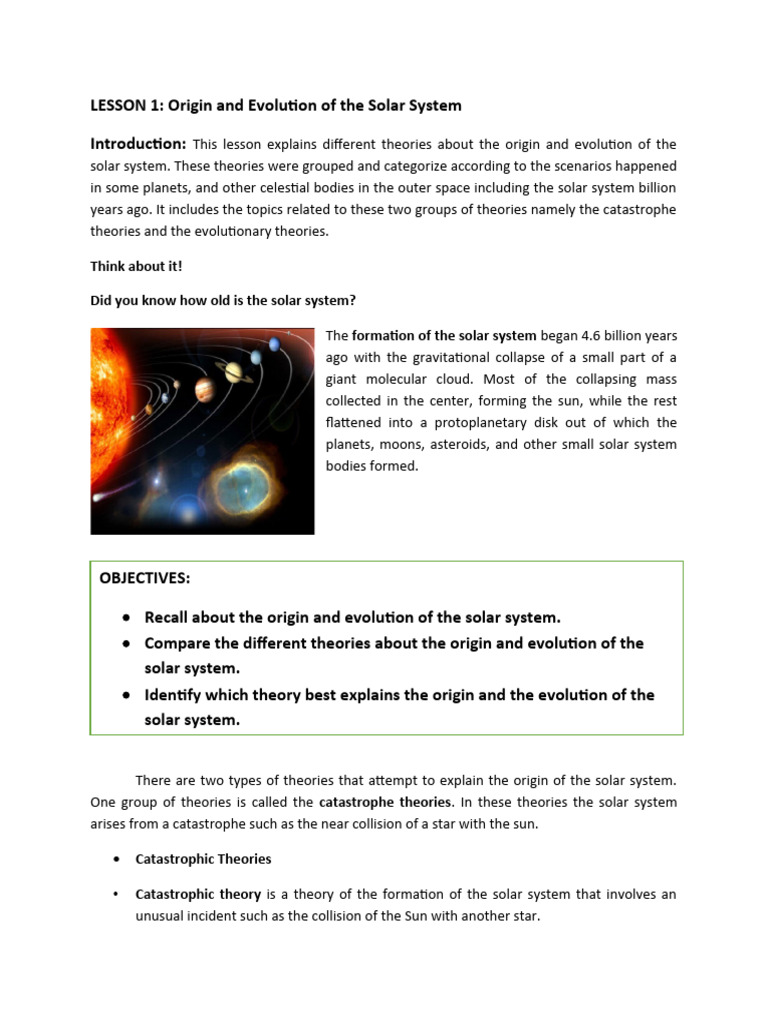 Lesson 1 - Origin and Evolution of The Solar System | Download Free PDF ...