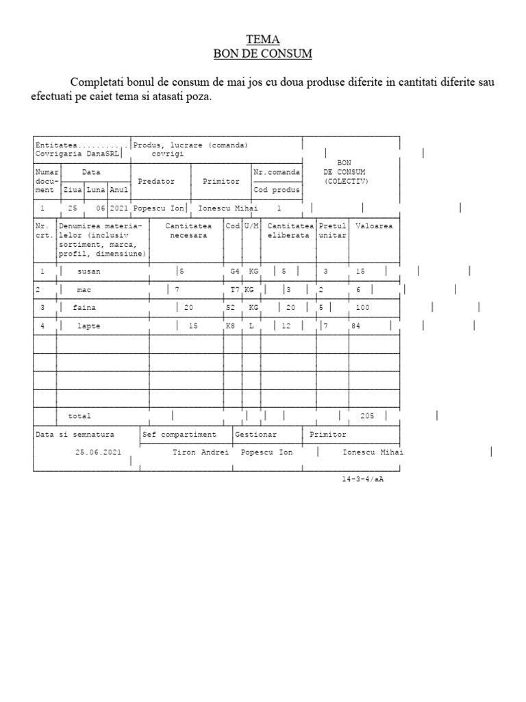 Tema Bon de Consum Completati Bonul de Consum de Mai Jos Cu Doua Produse Diferite in Cantitati ...