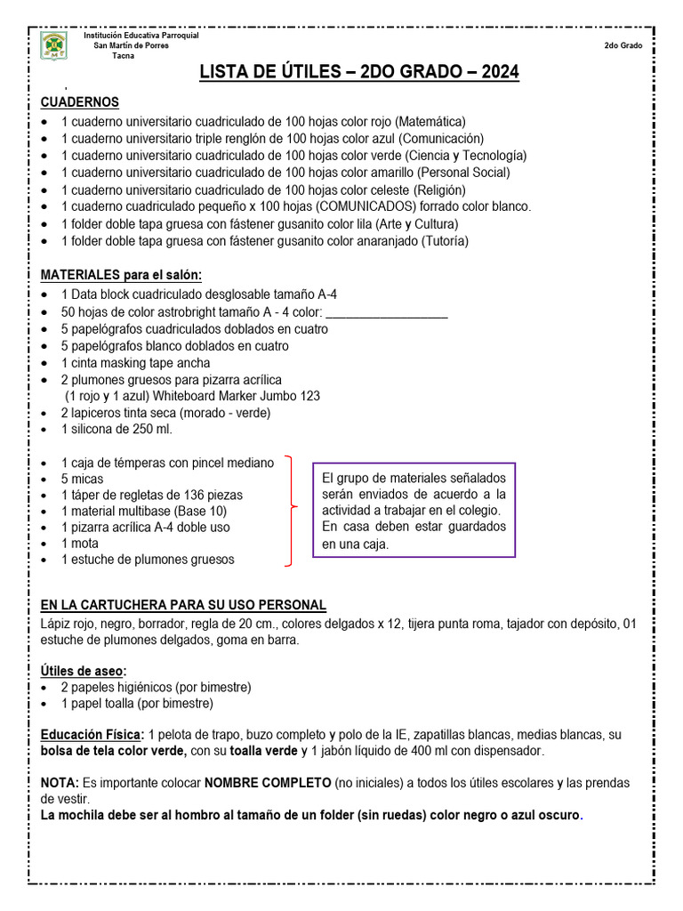Lista de Útiles 2do Grado 2024 | PDF | Color | Visión